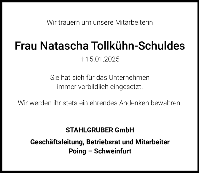Wir trauern um unsere Mitarbeiterin Frau Natascha Tollkühn-Schuldes ? 15